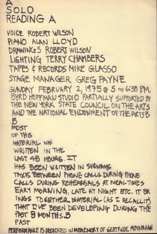 WILSON, Robert. A Solo Reading A. - Cult Jones